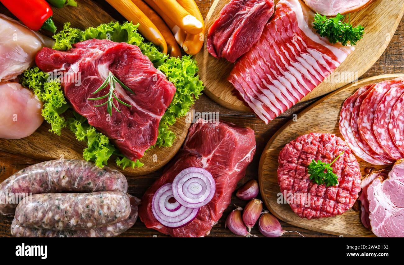 Composition with a variety of meat products Stock Photo - Alamy