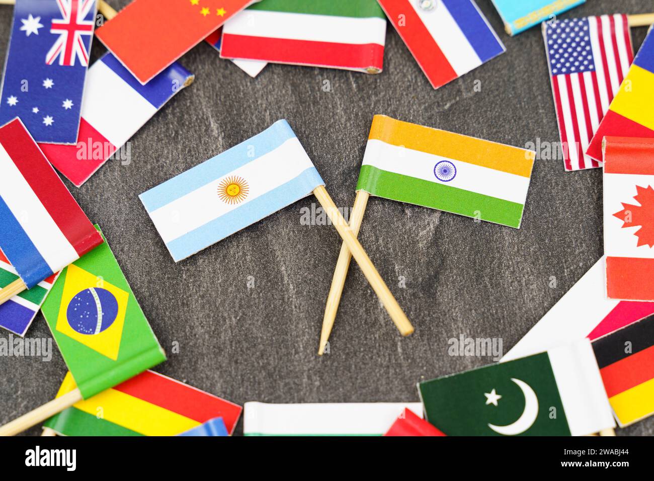 Policy. National flags of different countries. The concept is diplomacy ...