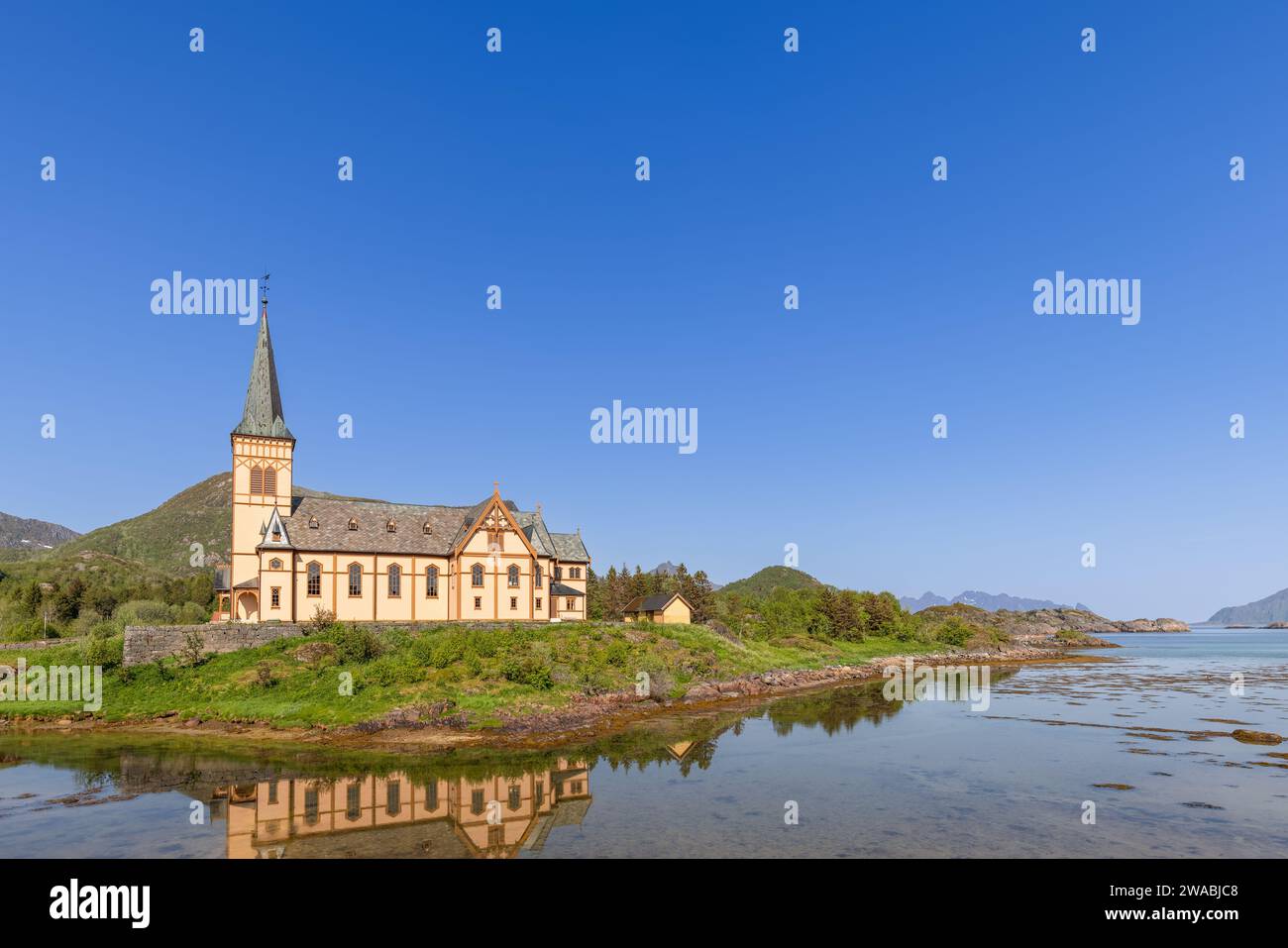 Vagan Kirke, nestled in Lofoten's stunning landscape, reflects its ...