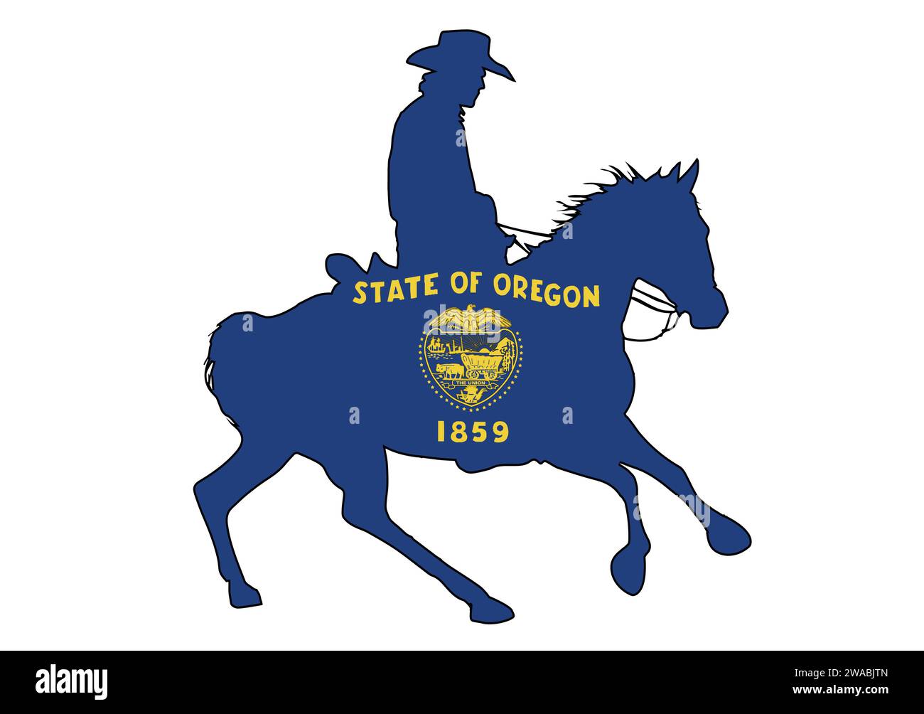 A silhouette of a USA cowboy on a horse with inset Oregon State Flag ...