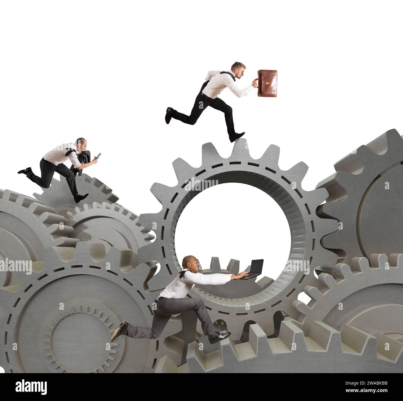 Gears mechanism system with running business team Stock Photo - Alamy