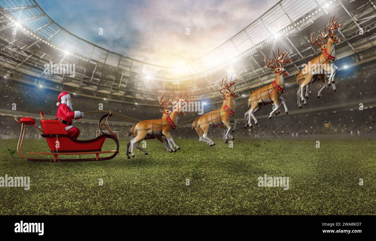 Santa claus in a soccer stadium with his sleigh ready to deliver ...