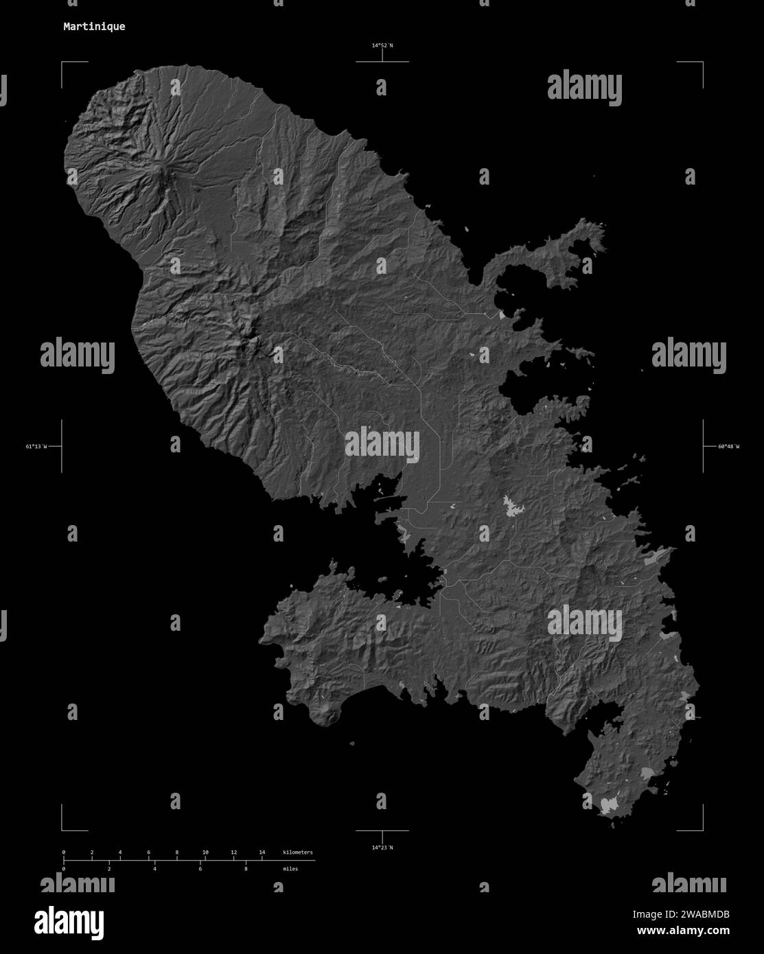 Shape of a Bilevel elevation map with lakes and rivers of the Martinique, with distance scale ...