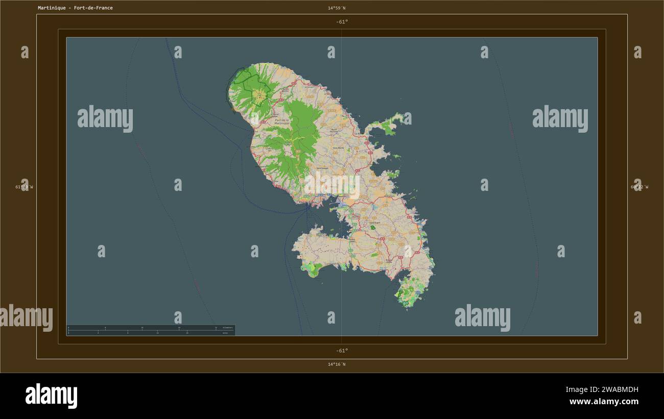 Martinique highlighted on a topographic, OSM France style map map with ...