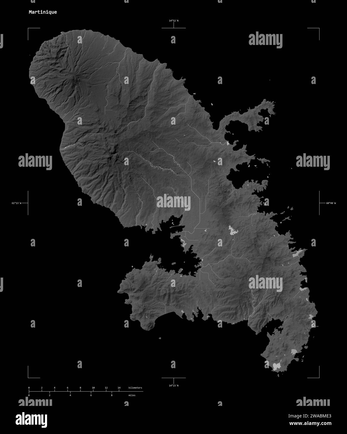 Shape of a Grayscale elevation map with lakes and rivers of the Martinique, with distance scale ...