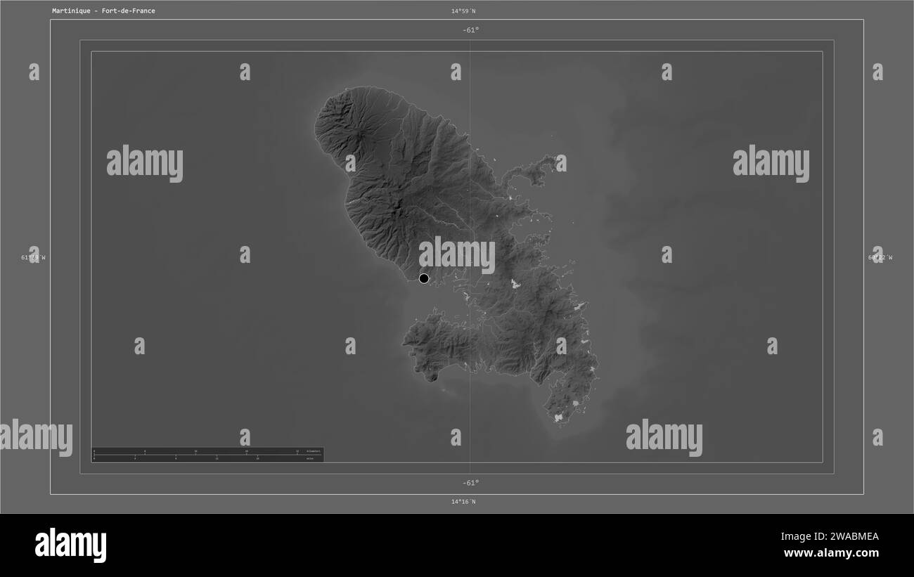 Martinique highlighted on a Grayscale elevation map with lakes and rivers map with the country's ...