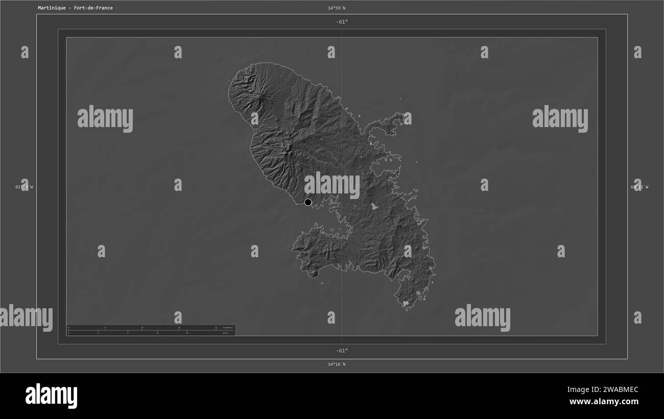 Martinique highlighted on a Bilevel elevation map with lakes and rivers map with the country's ...