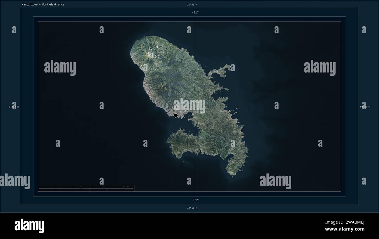 Martinique highlighted on a high resolution satellite map map with the country's capital point ...