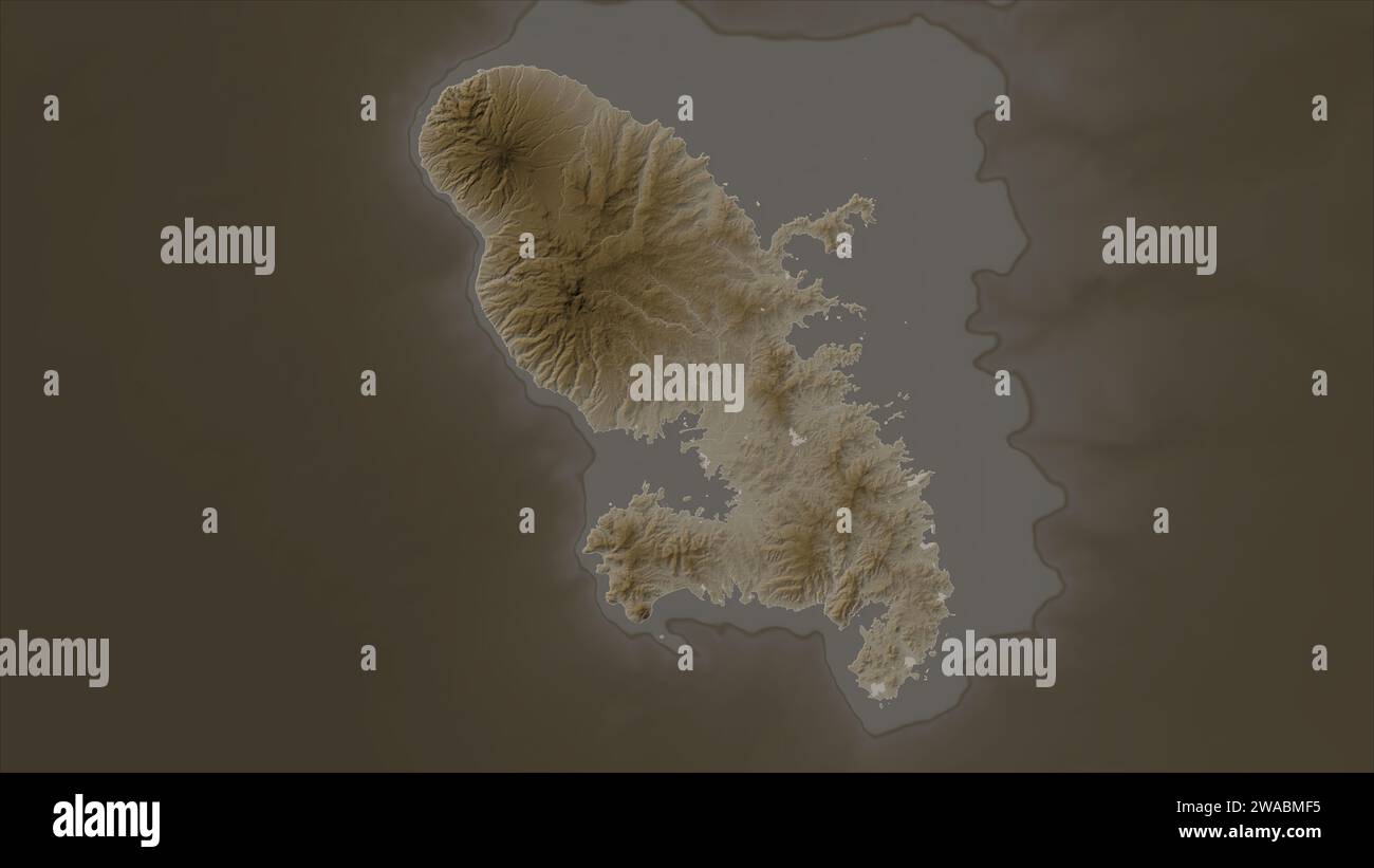 Martinique highlighted on a elevation map colored in sepia tones with ...