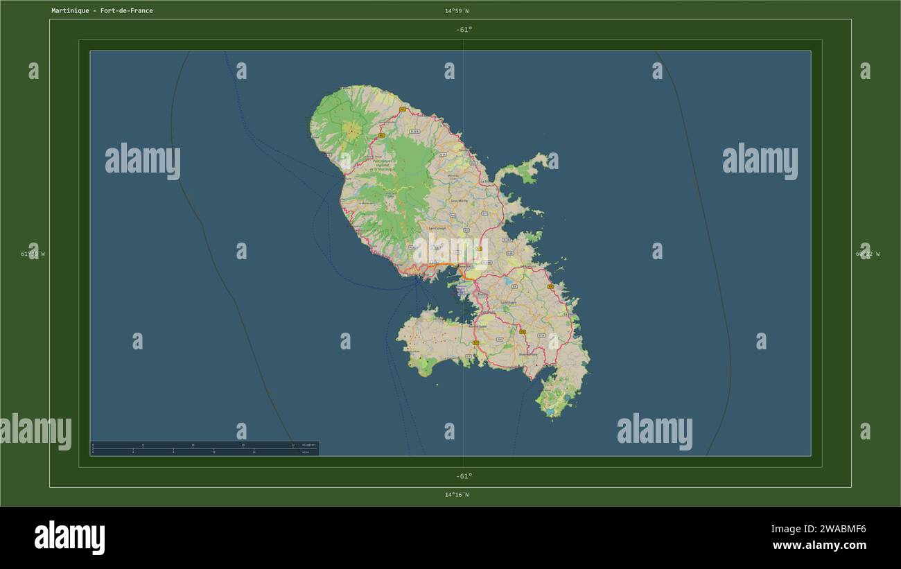 Martinique highlighted on a topographic, OSM Germany style map map with the country's capital ...