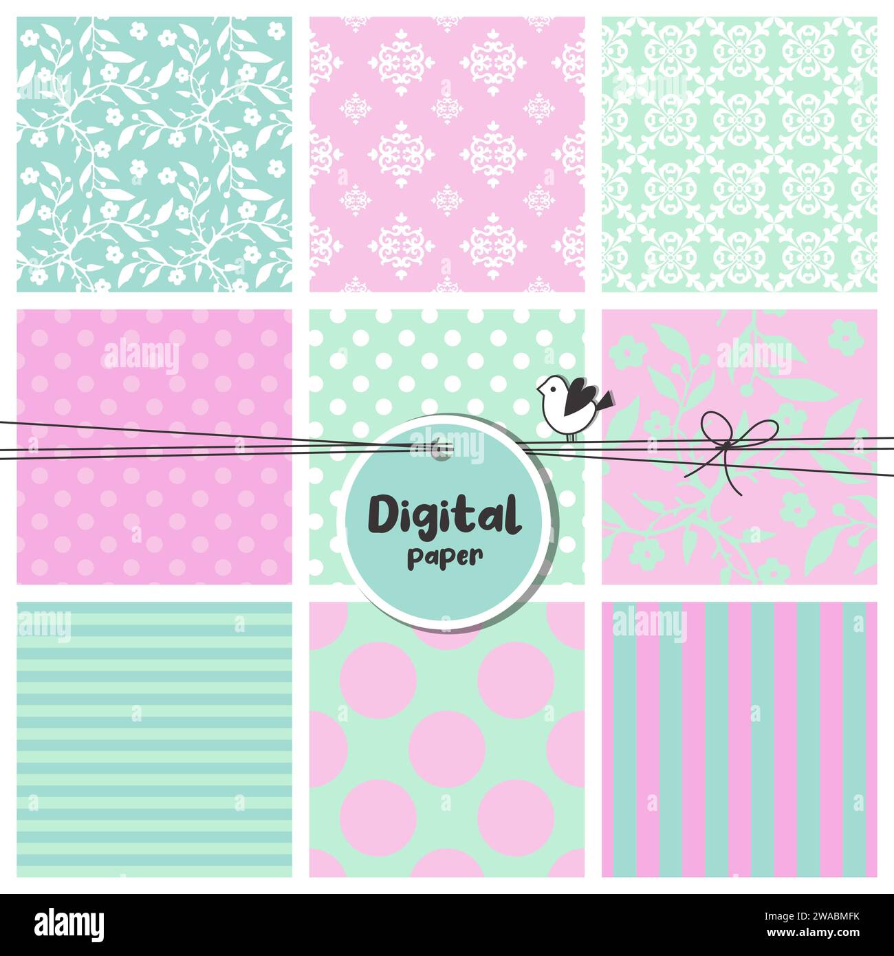 Digital papers, Set of seamless patterns, flowers, dots, stripes ...