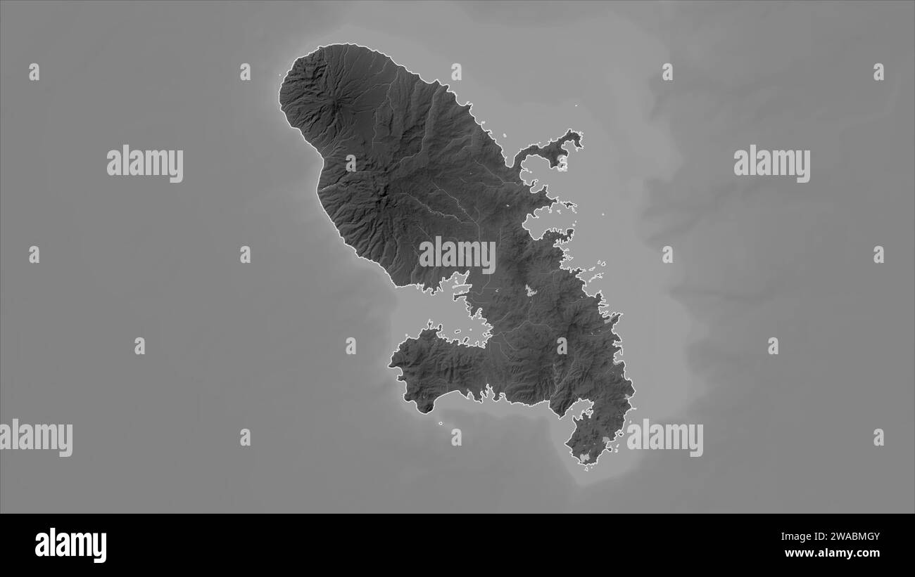 Martinique outlined on a Grayscale elevation map with lakes and rivers ...