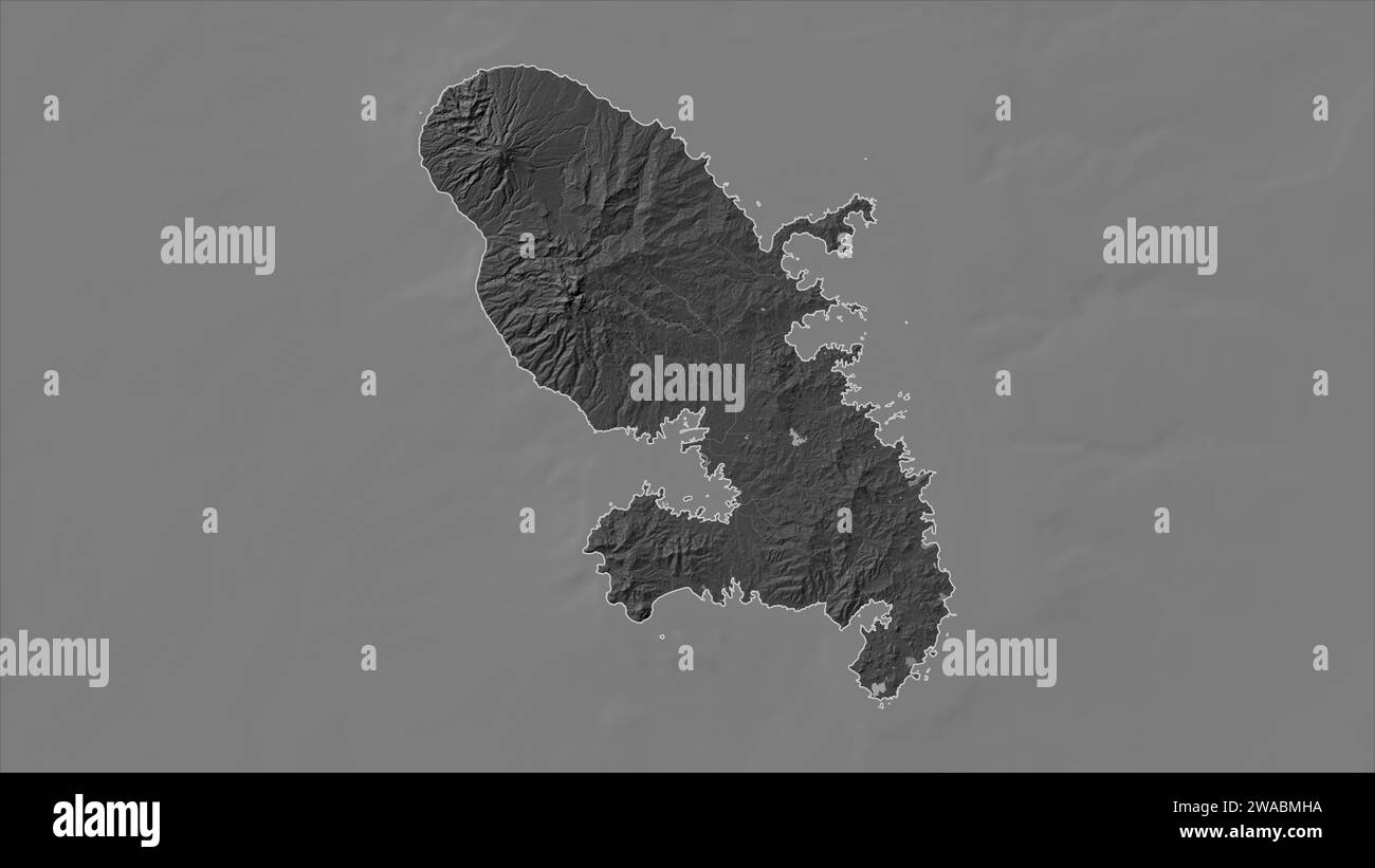 Martinique outlined on a Bilevel elevation map with lakes and rivers ...