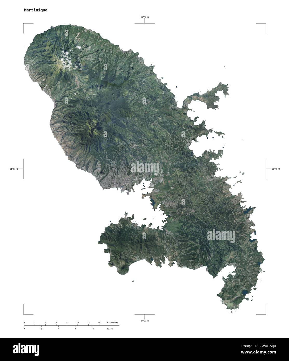 Shape of a high resolution satellite map of the Martinique, with distance scale and map border ...