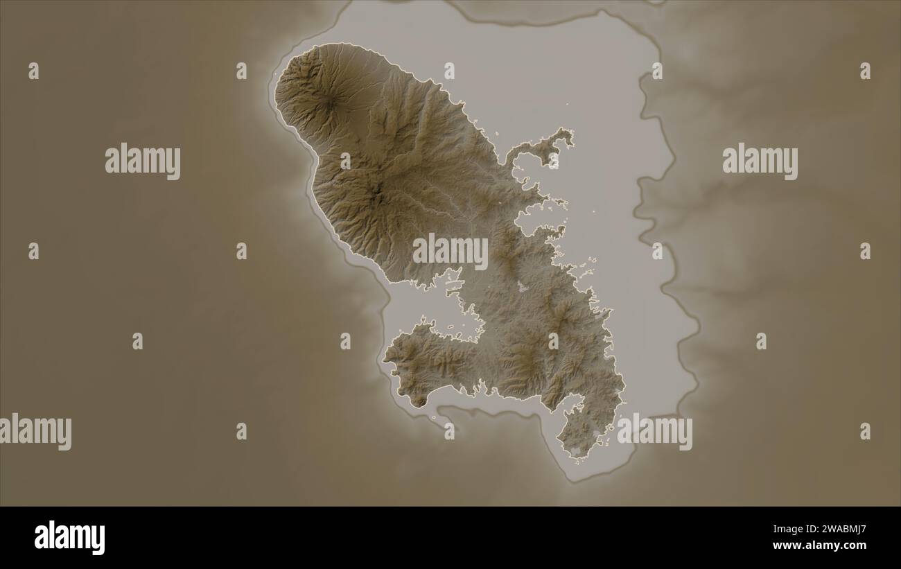 Martinique outlined on a elevation map colored in sepia tones with ...