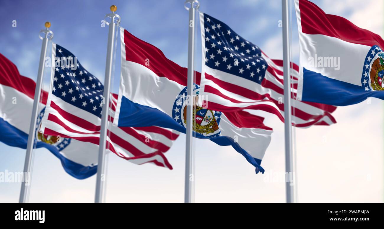 Missouri state flags waving with the national american flag on a clear day. 3d illustration ...