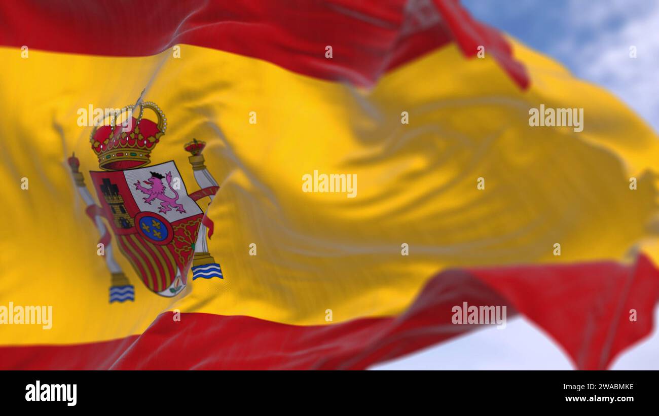 Close-up of Spain national flag waving in the wind. Red, yellow, red ...