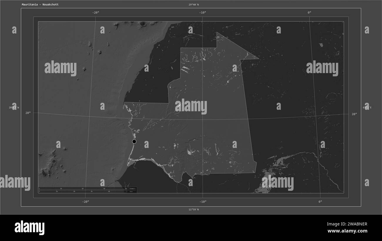 Mauritania highlighted on a Bilevel elevation map with lakes and rivers ...