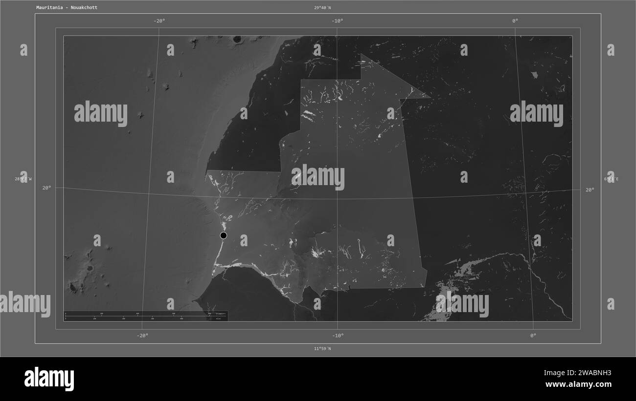 Mauritania highlighted on a Grayscale elevation map with lakes and ...
