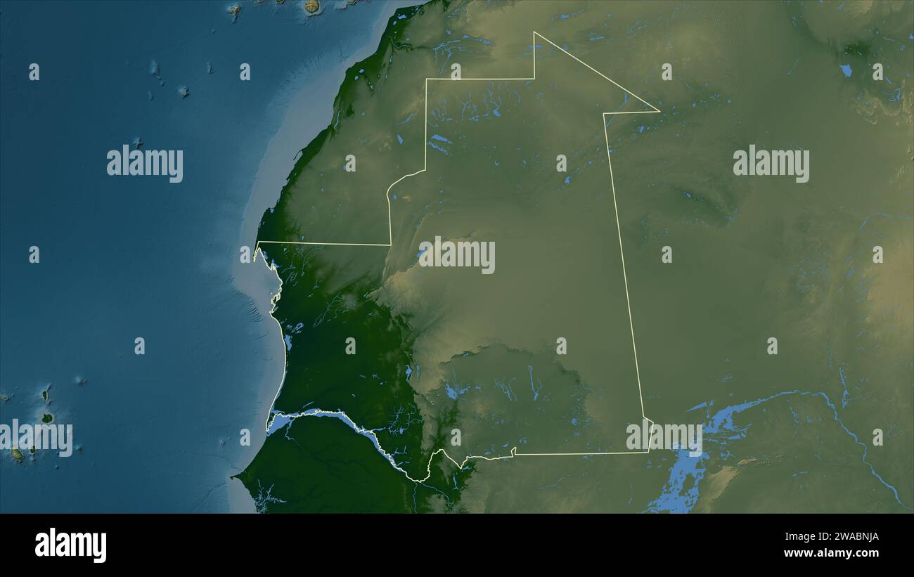 Mauritania outlined on a Colored elevation map with lakes and rivers ...