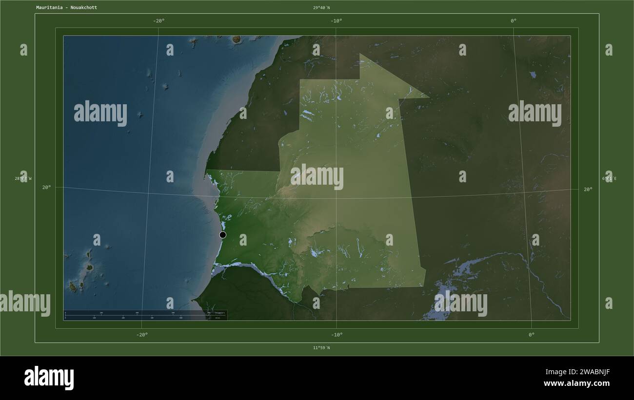 Mauritania highlighted on a Pale colored elevation map with lakes and ...