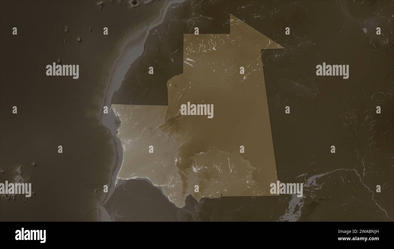 Mauritania highlighted on a elevation map colored in sepia tones with ...