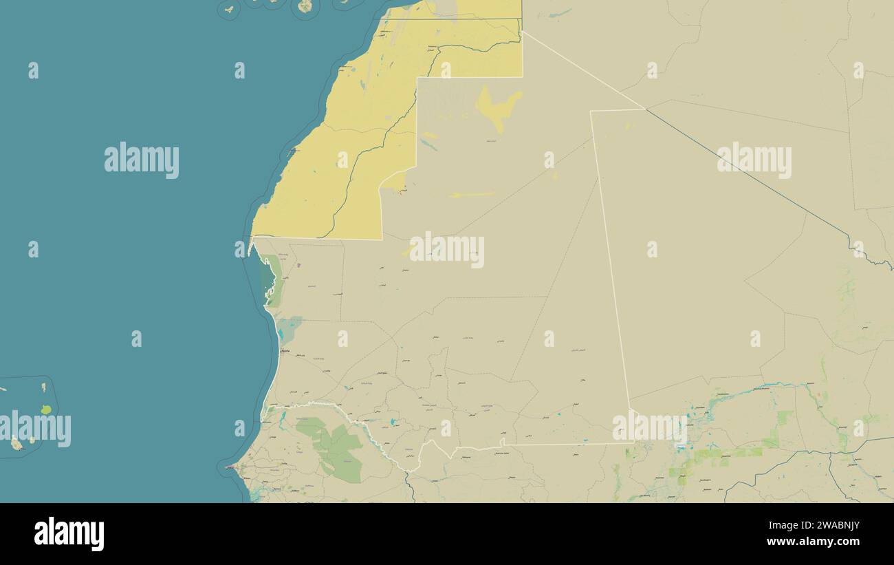 Mauritania outlined on a topographic, OSM Humanitarian style map Stock ...