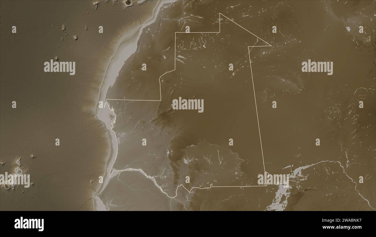 Mauritania outlined on a elevation map colored in sepia tones with ...
