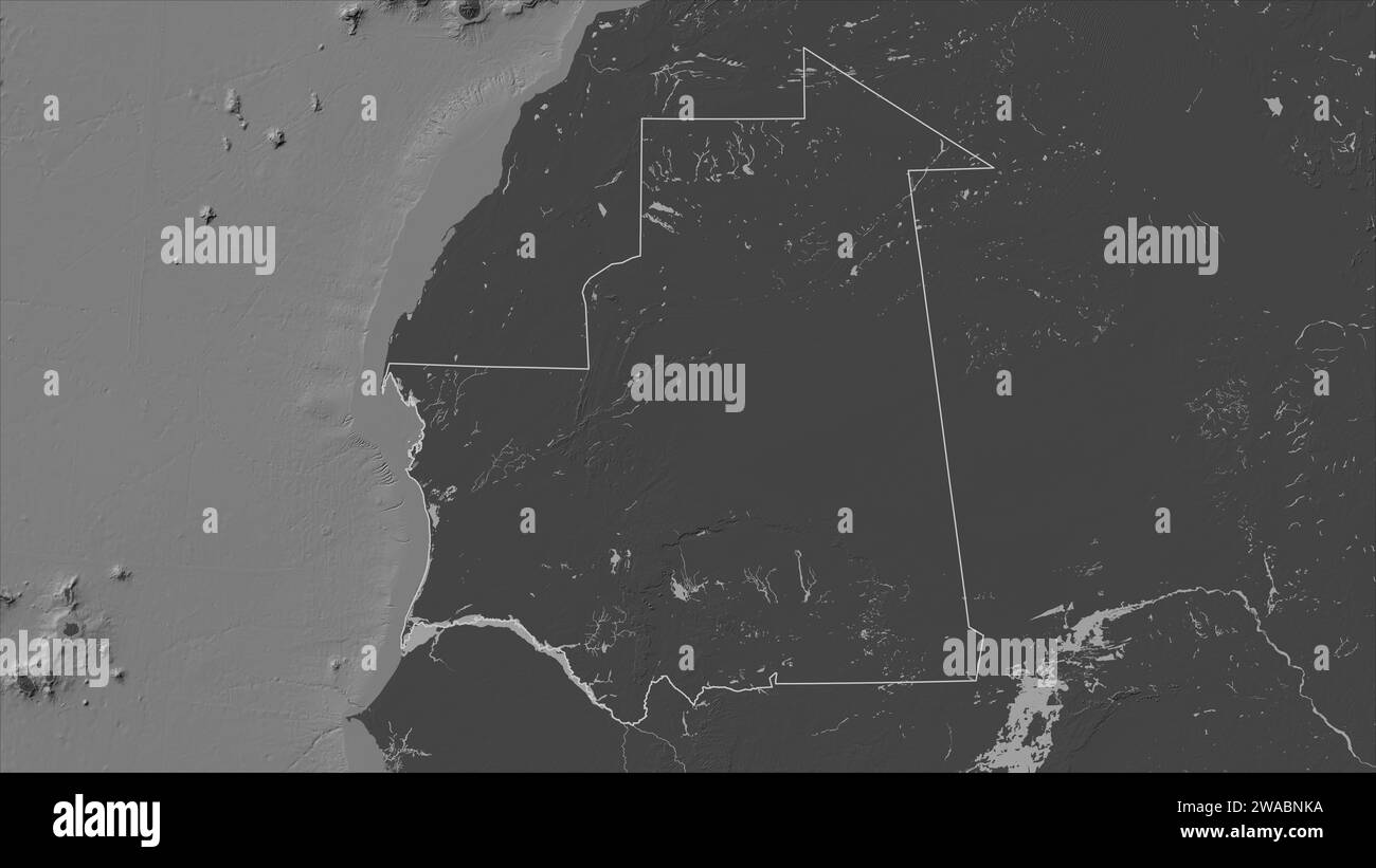 Mauritania outlined on a Bilevel elevation map with lakes and rivers ...