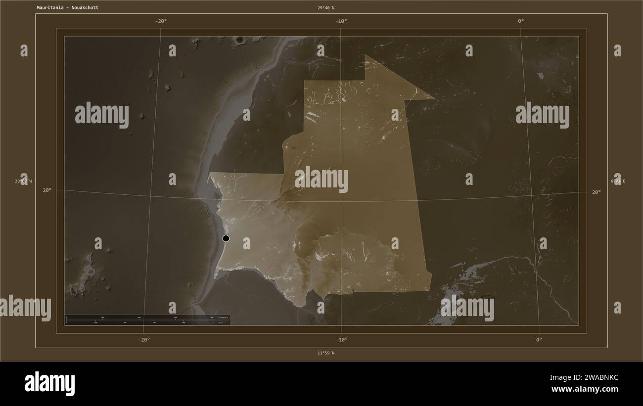 Mauritania highlighted on a elevation map colored in sepia tones with ...