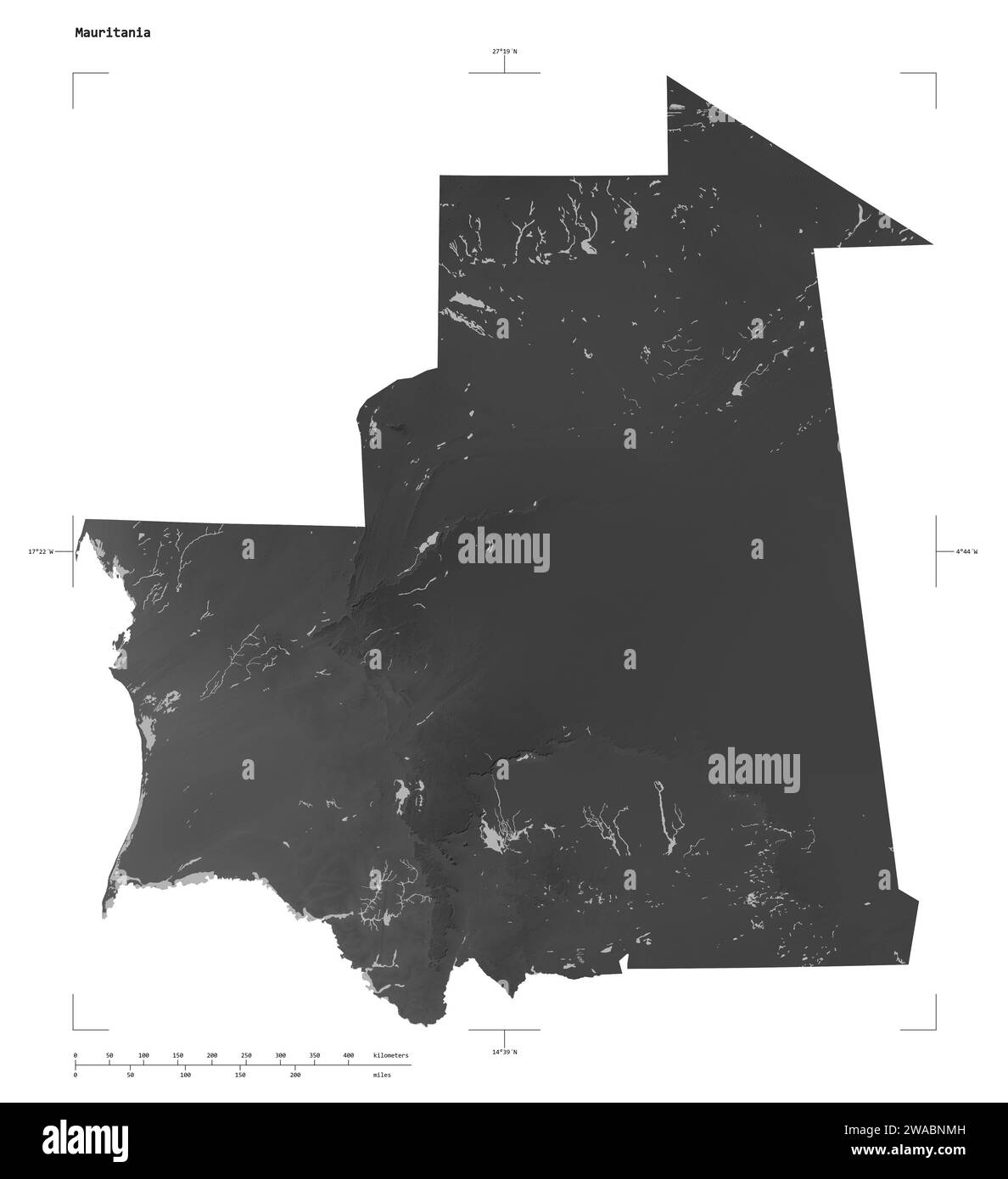 Shape of a Grayscale elevation map with lakes and rivers of the Mauritania, with distance scale ...