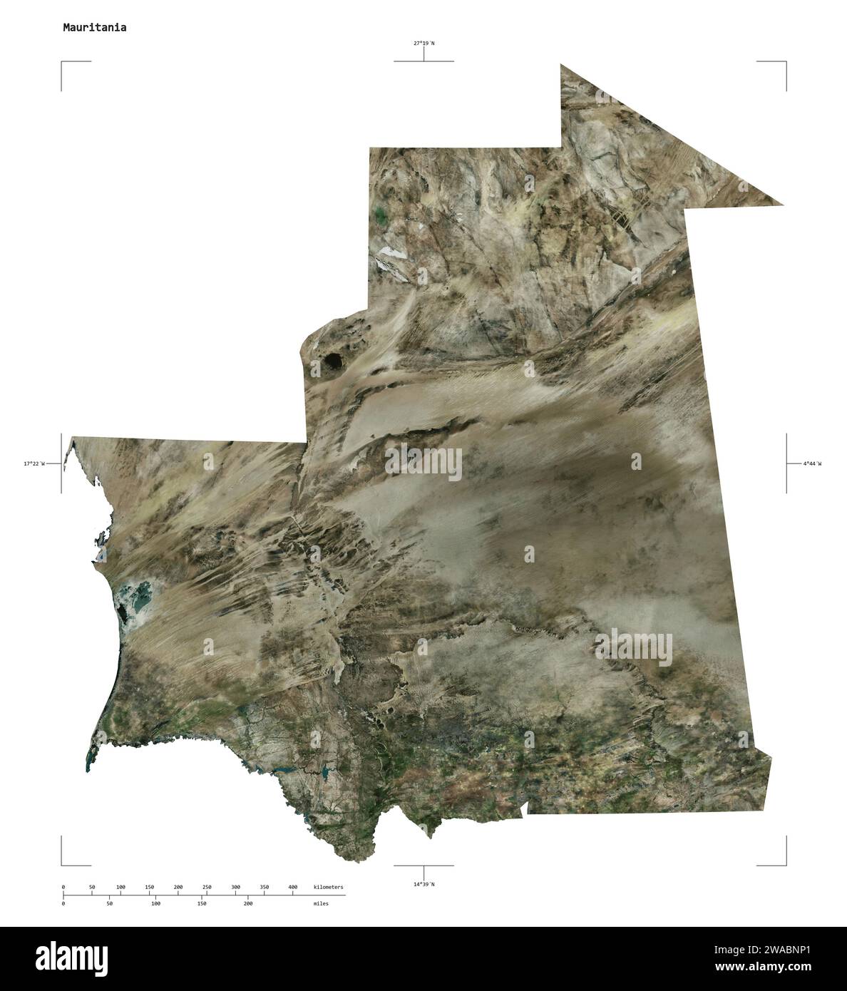 Shape of a high resolution satellite map of the Mauritania, with ...