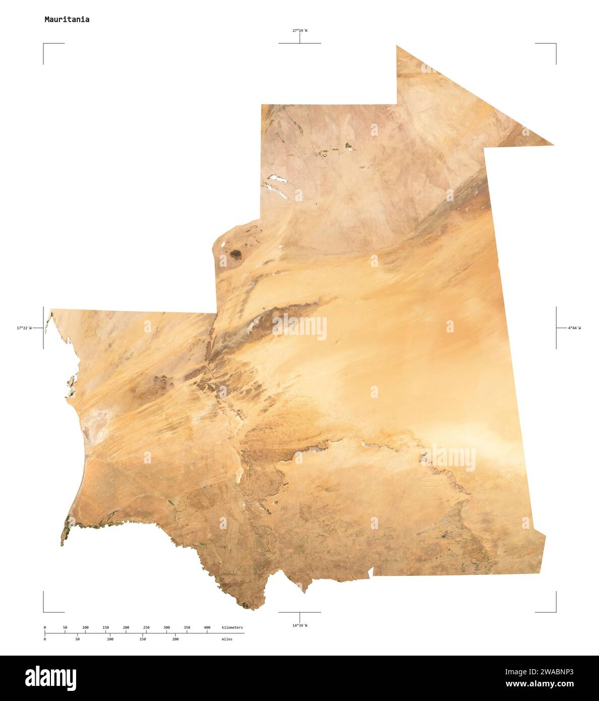 Shape of a low resolution satellite map of the Mauritania, with ...