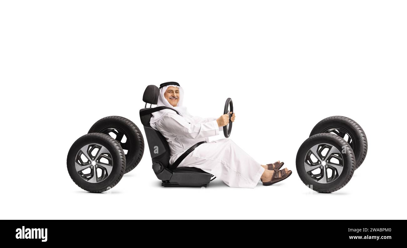 Arab driving a car with four tires isolated on white background Stock ...