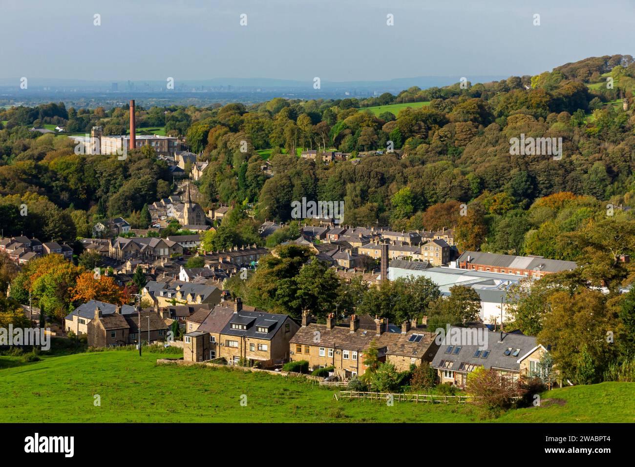 View looking down on Bollington in Cheshire England UK a town on the ...