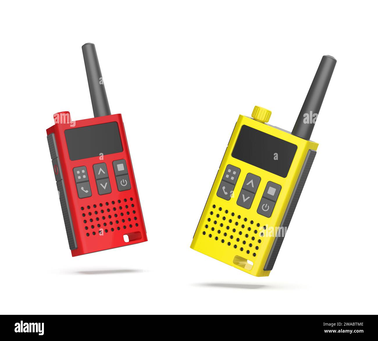 Yellow and red walkie talkies on white background Stock Photo - Alamy