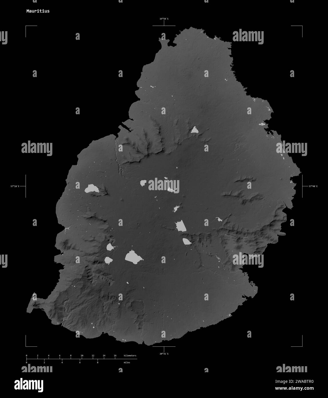 Shape of a Grayscale elevation map with lakes and rivers of the Mauritius, with distance scale ...