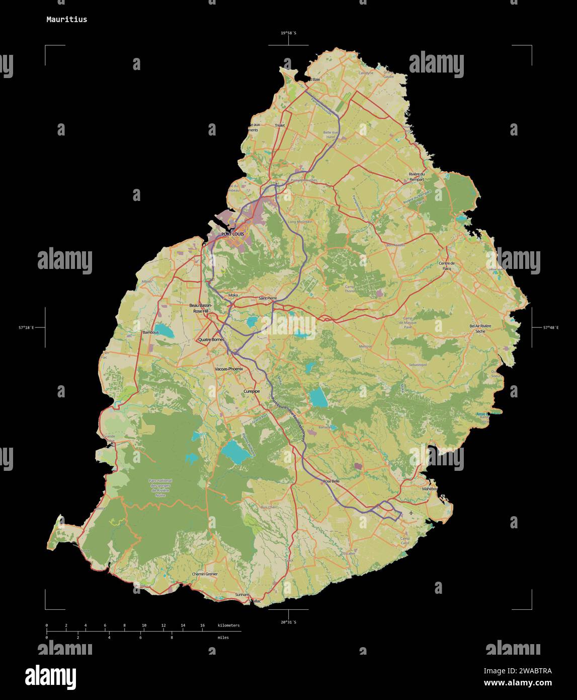 Shape of a topographic, OSM Humanitarian style map of the Mauritius ...