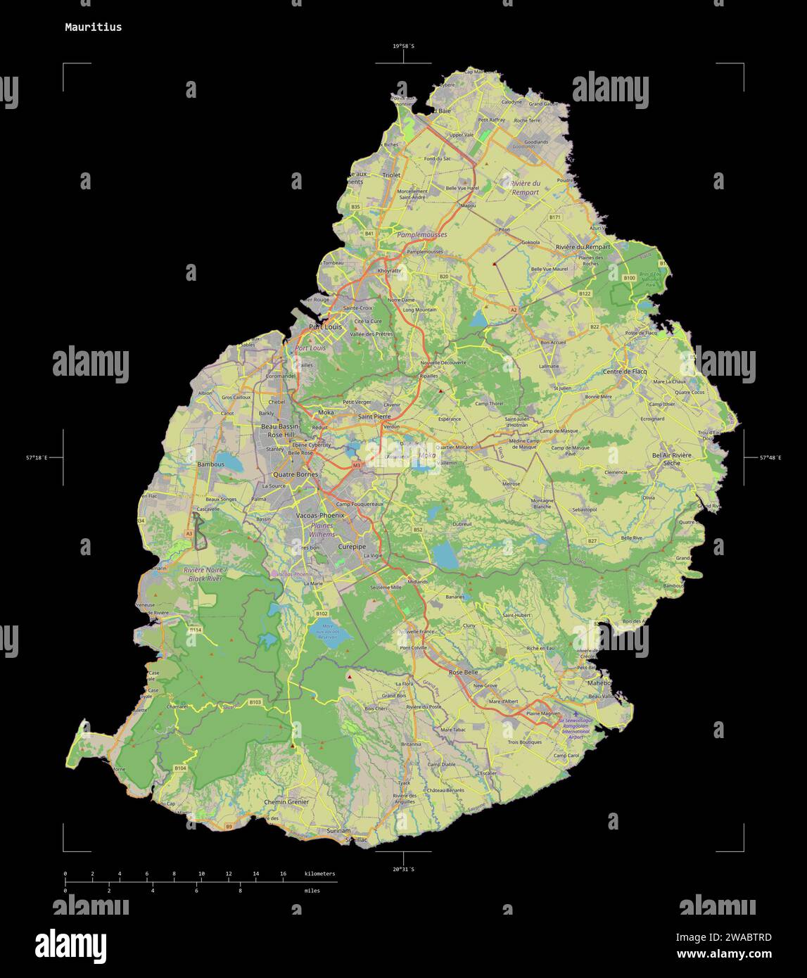 Shape of a topographic, OSM standard style map of the Mauritius, with ...