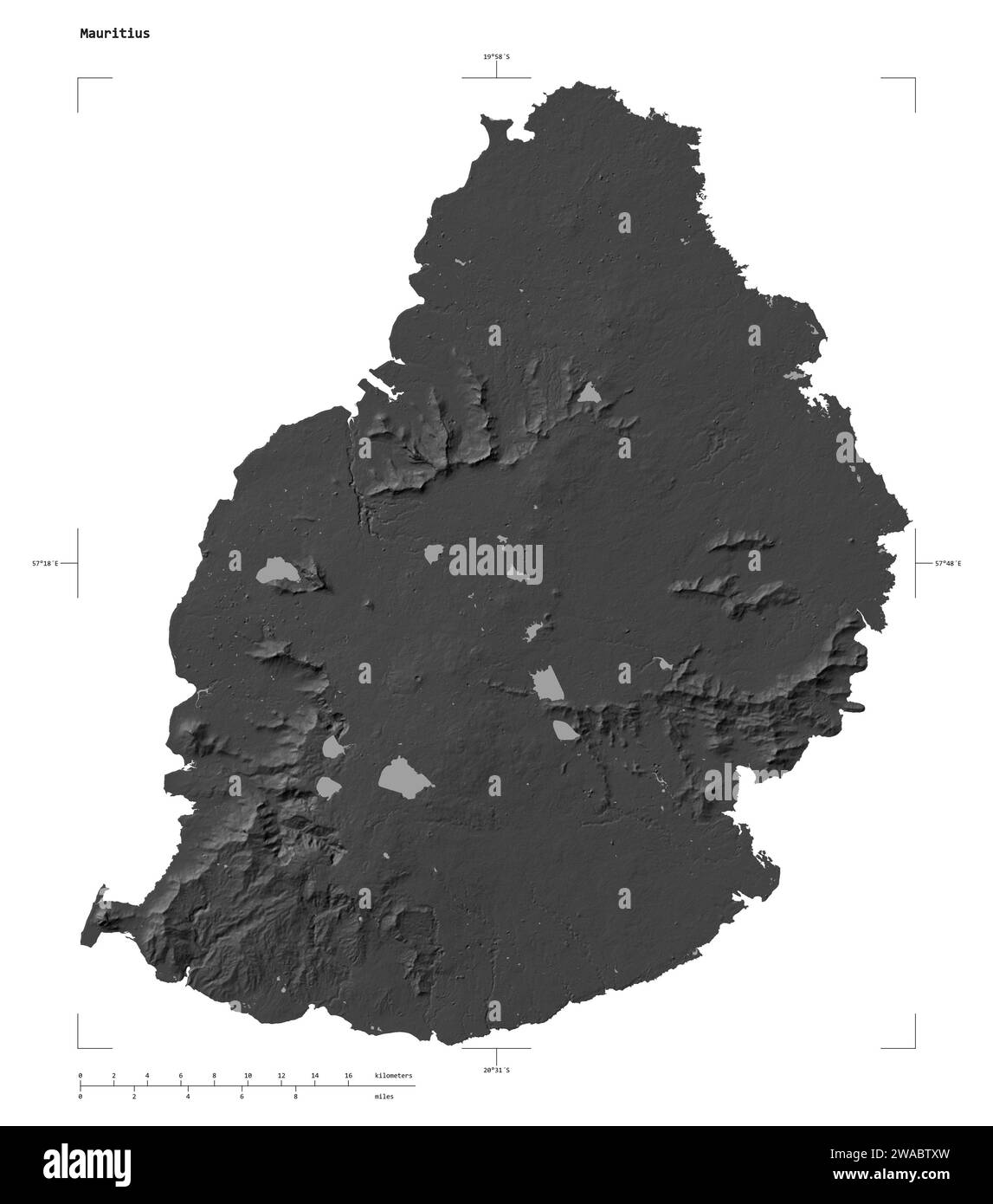 Shape of a Bilevel elevation map with lakes and rivers of the Mauritius, with distance scale and ...