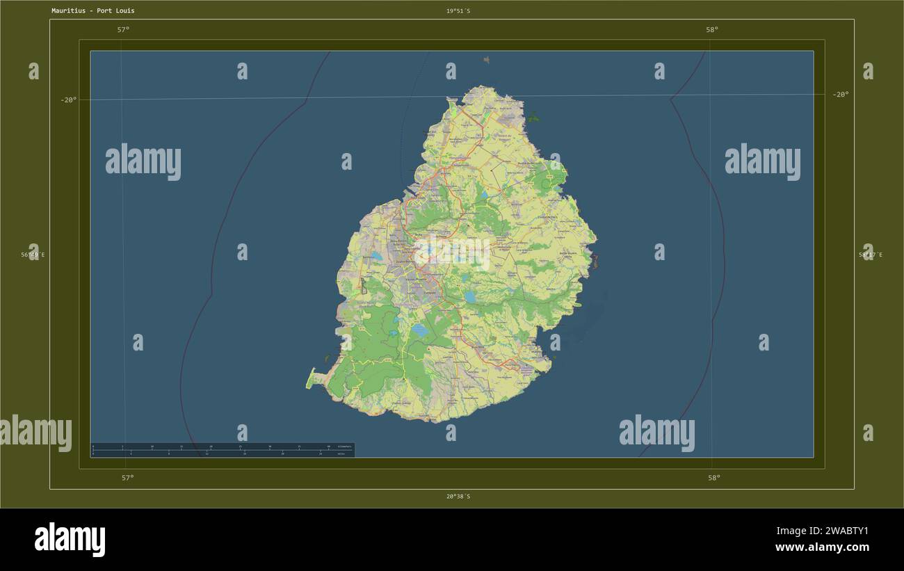 Mauritius highlighted on a topographic, OSM standard style map map with ...