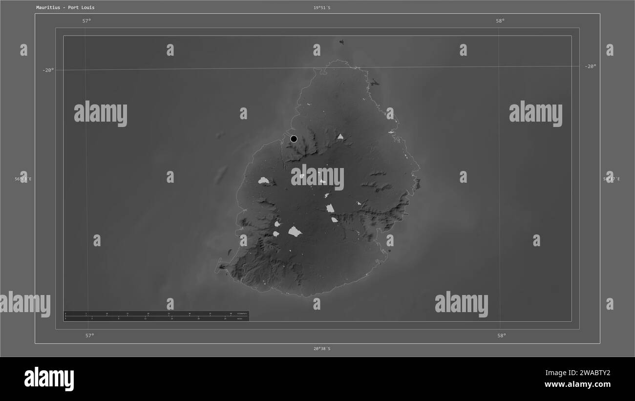 Mauritius highlighted on a Grayscale elevation map with lakes and ...