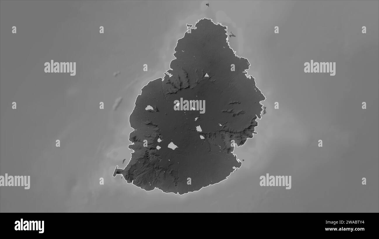 Mauritius outlined on a Grayscale elevation map with lakes and rivers ...