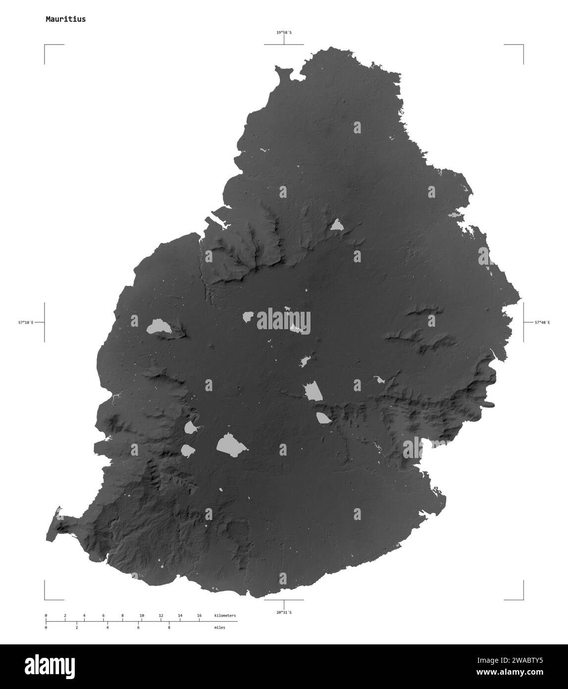 Shape of a Grayscale elevation map with lakes and rivers of the Mauritius, with distance scale ...