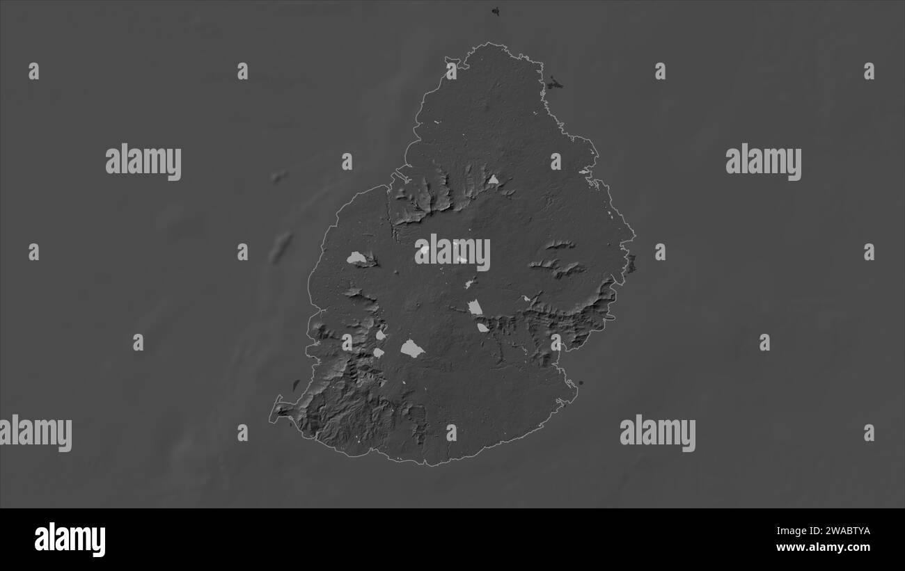 Mauritius highlighted on a Bilevel elevation map with lakes and rivers ...