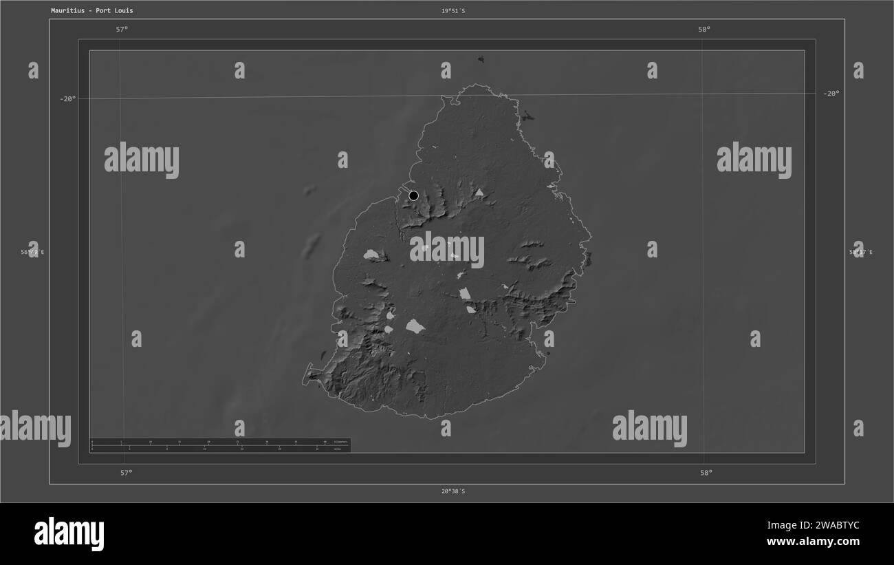 Mauritius highlighted on a Bilevel elevation map with lakes and rivers ...