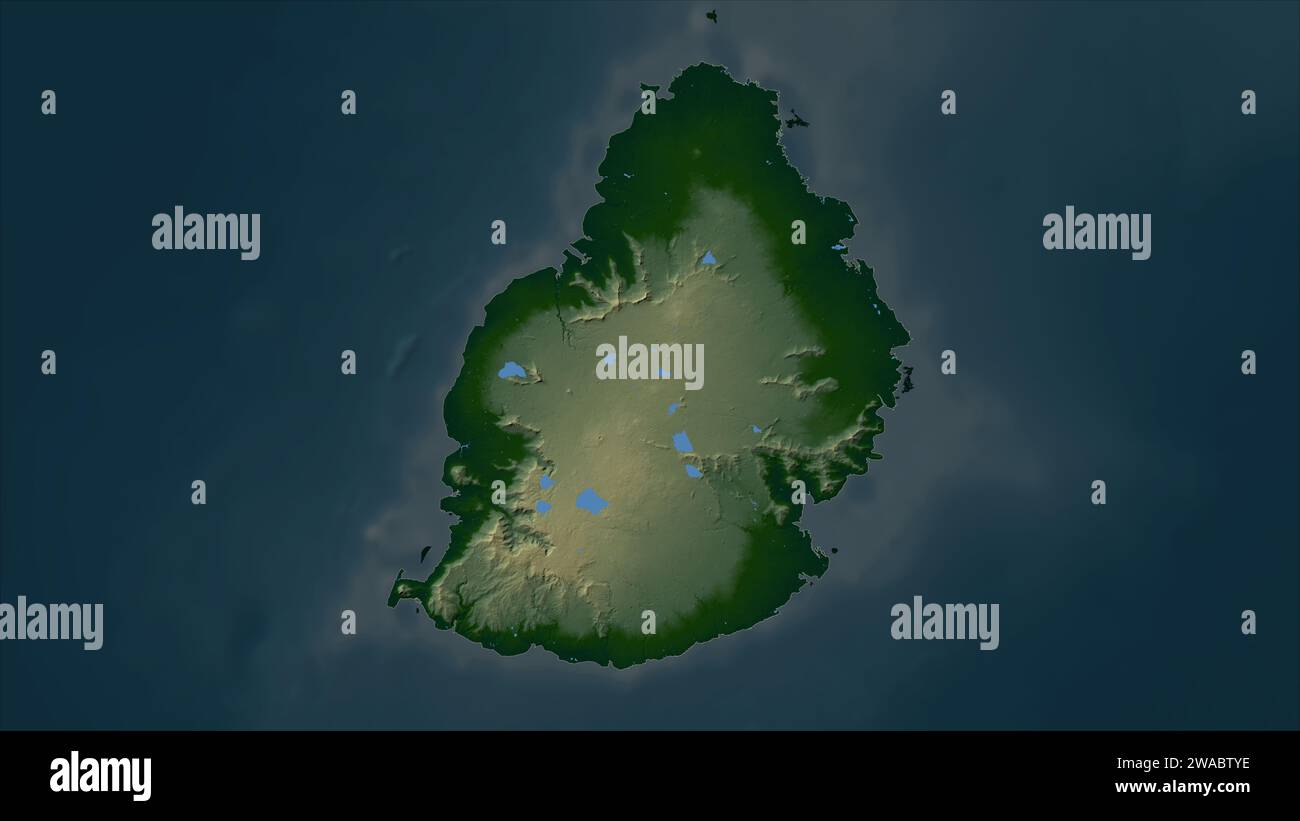 Mauritius highlighted on a Colored elevation map with lakes and rivers ...