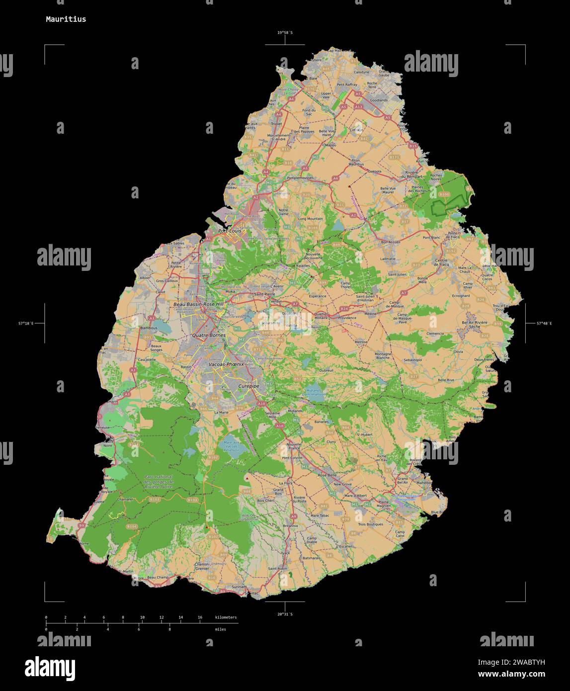 Shape of a topographic, OSM France style map of the Mauritius, with ...