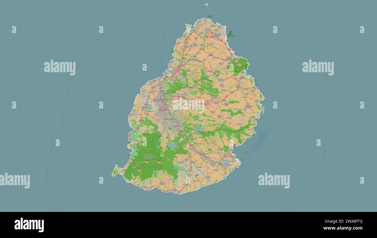 Mauritius outlined on a topographic, OSM France style map Stock Photo ...