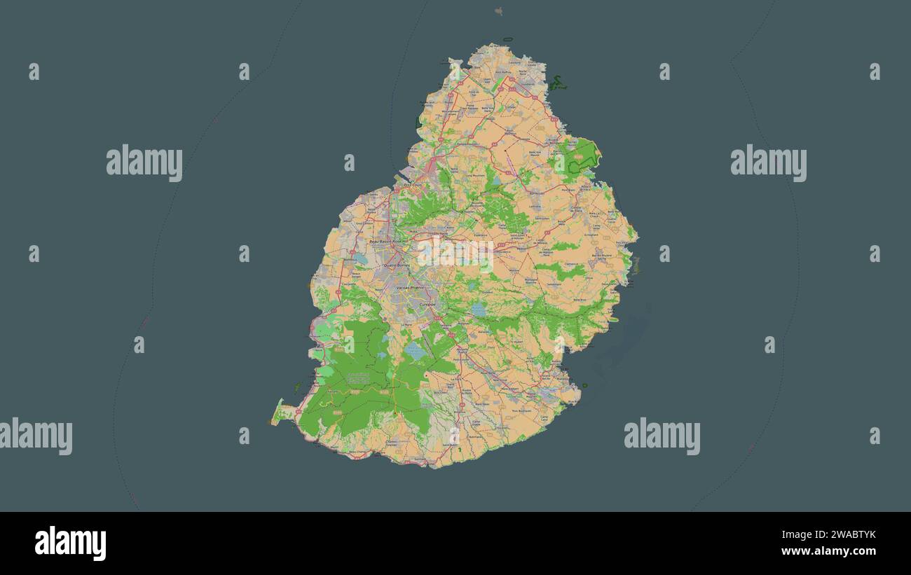 Mauritius highlighted on a topographic, OSM France style map Stock ...
